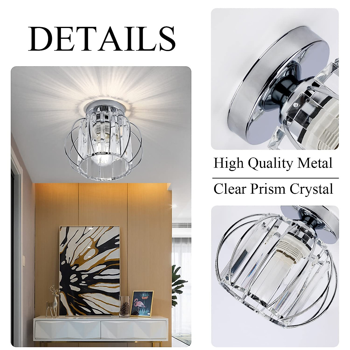 Silver Modern Semi Flush Mount Ceiling Light Fixture, Metal Chrome Pendant Light, Antique Chandelier Crystal Ceiling Lamp, Flush Mount Farmhouse Lighting for Hallway, Kitchen Island, Porch