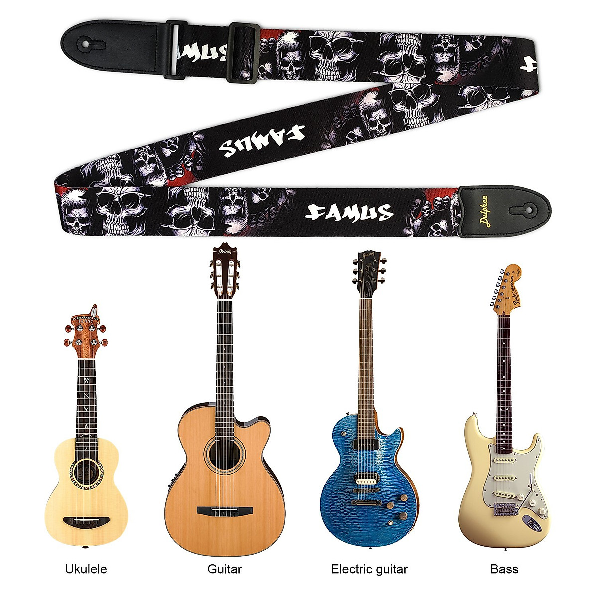 Dulphee Guitar Strap Skull Design Cool Polyester Shoulder Strap for Bass, Electric & Acoustic Guitar (Black Skull)