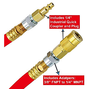 YOTOO Air Hose 1/2 in. x 50 ft, 300 PSI Hybrid Air Compressor Hose, Heavy Duty, Lightweight, Kink Resistant, All-Weather Flexibility with Bend Restrictors, 3/8" and 1/4" Air Fittings Kit, Red