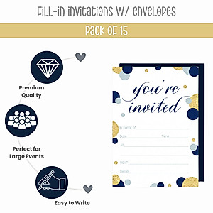 Navy and Gold Invitations with Envelopes (15 Pack) All Occasion Invites for Boys Baby Shower, Graduation, Birthday, Retirement, Luncheon – Royal Theme Abstract Dot – Blank 4x6 Card Set Printed