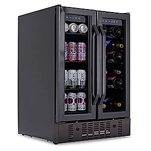 NewAir 24” Wine and Beverage Refrigerator and Cooler, 18 Bottle and 60 Can Capacity, Built-in Dual Zone Fridge in Black Stainless Steel with French Doors