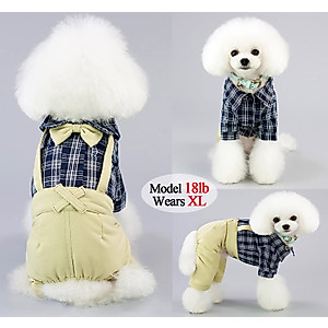 Pet Clothes Dog Shirts Classic Plaid Striped Overall Jumpsuit, Gentle Puppy Wedding Birthday Western Onesies Apparel, Fashion Daily Outfit with Bowtie for Dogs and Cats (Medium, Khaki)