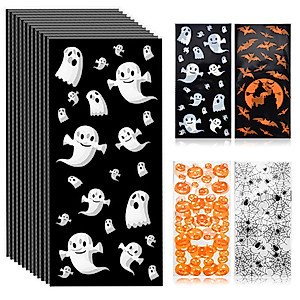ERKOON 200pcs Halloween Candy Bags Pumpkin Spider Web Bat Ghost Print Candy Bags Halloween Treat Candy Twist Ties Gift Bags Kids Candy Bags for Halloween Party