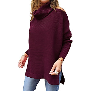 ANRABESS Women's Oversized Turtleneck Batwing Sleeve Spilt Casual Loose Knit Tunic Pullover Sweater Tops 2025 Fall Outfits Wine Red Small