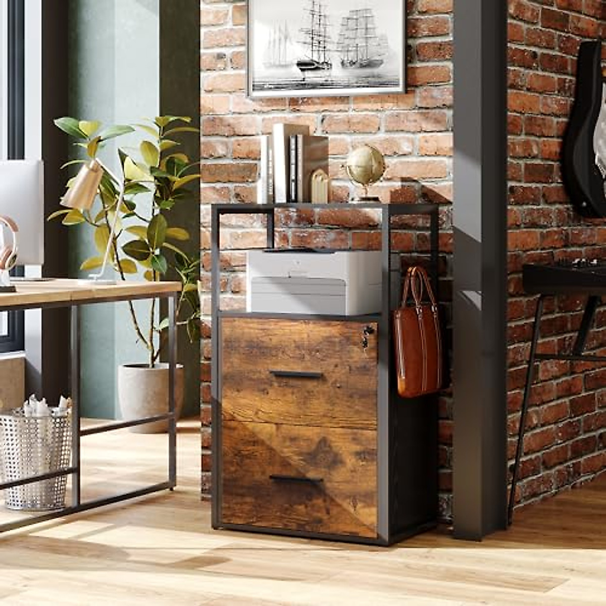 DEVAISE 2 Drawer Lateral File Cabinet with Lock, Filing Cabinet fits Letter/Legal/A4 Size, Large Printer Stand with Storage Shelves for Home Office, Rustic Brown