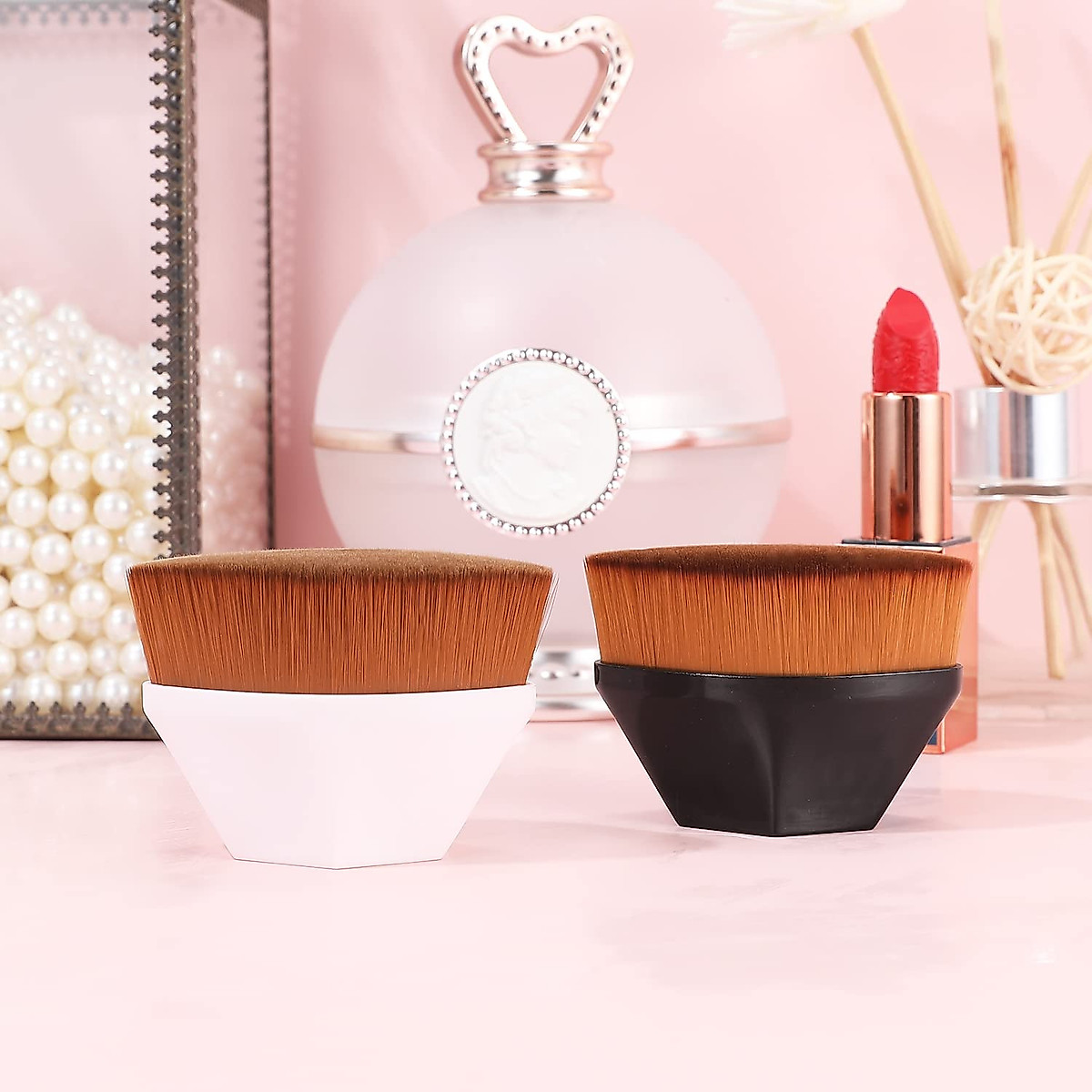 ENERGY Foundation Brush for Liquid Makeup Flat Top Kabuki Brush for Face Full Coverage Liquid Cream Foundation Contour Bronzer Setting Powder Blending Buffing with Brush Travel Case Pink