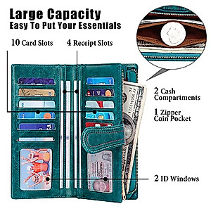 CILLA Womens Leather Wallet Large Capacity Bifold Ladies Zipper Clutch Credit Card Holder With Coin Pouch Oil Wax Design (Turquoise Green)
