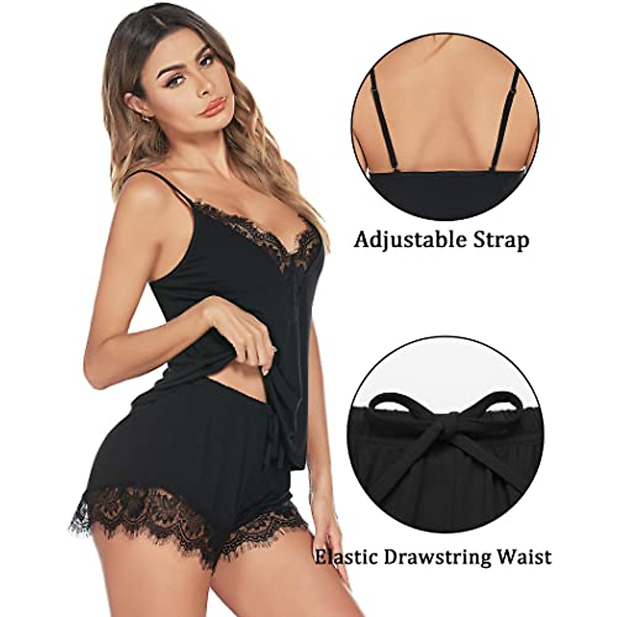 Avidlove Cami Sleepwear for Womens Sexy Lingerie Set Modal Pajamas Lace Trim Shorts Set Nightwear (Black,M)