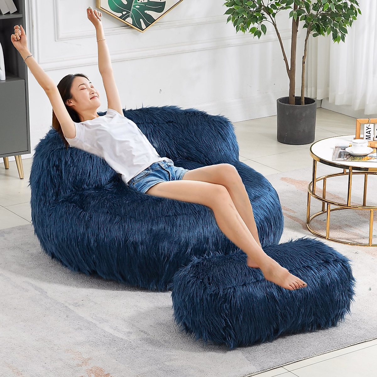 PEIHONGET Bean Bag Chair with Foot Rest,Plush Single Gaming Sofa Chair with Footstool,Lazy Round Recliner Chair Couch with Ottoman and Oversized High Back,for Bedroom,Living Room,Playroom (Navy)