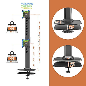 HEMUDU Dual Monitor Articulating Desk Mount Arm Stand - Vertical Stack Screen Supports Two 13 to 34 Inch & Monitor Mount Reinforcement Plate