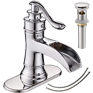 Waterfall Bathroom Faucet Chrome Bathroom Sink Faucets & Parts with Pop Up Drain Stopper with Overflow Single Handle Single Hole Vanity Commercial Trough Supply Lines Hose Lead-Free by Bathfinesse