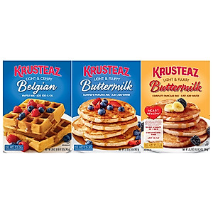 Krusteaz Waffle & Pancake Mix Variety Pack, 1 Belgian Waffle Mix (28 oz), 1 Buttermilk Pancake Mix (32 oz), 1 Heart Healthy Buttermilk Pancake Mix (25.2 oz), (3 CT)