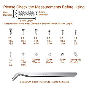 HQMaster 1100Pcs Eyeglass Glasses Spectacles Tiny Screws Nut Washer Assortment + 5 Pairs Nose Pads Repair Tool Kit Set with Tweezer Micro Screwdriver (Rectangular Case)