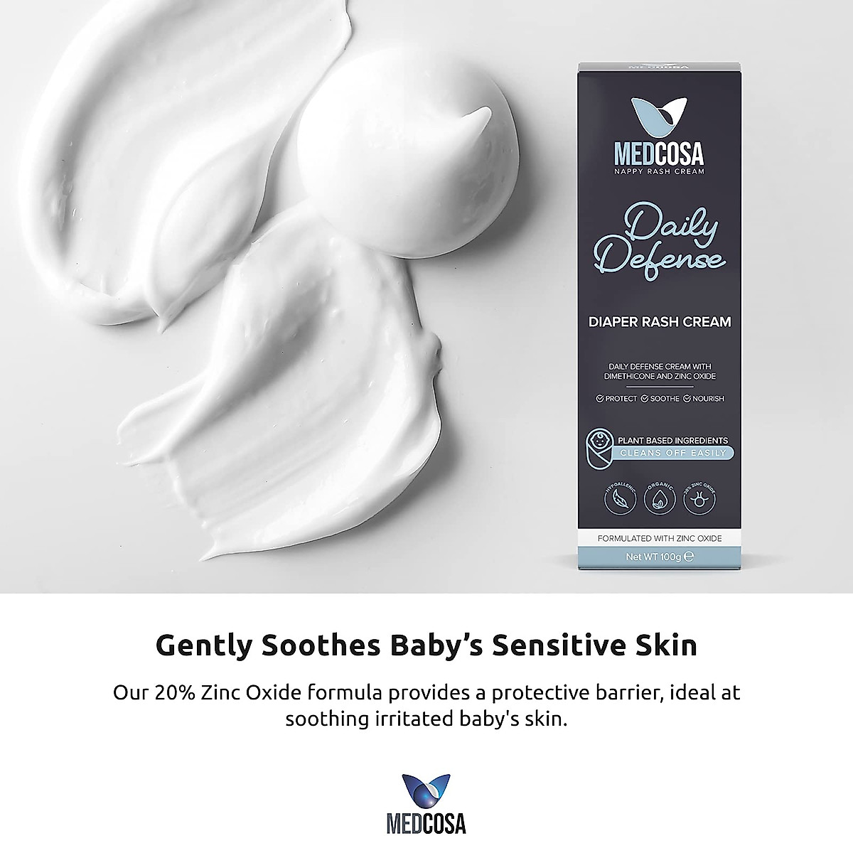 Medcosa Diaper Cream | Your Daily Defense Against Diaper Rash | Baby Butt Cream w/Zinc Oxide | Helps Protect, Soothe & Reduce Redness & Irritation (2 pack)