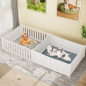 YITAHOME Whelping Box for Dogs with Water-Resistant Floor Mat 78" L×39.4" W Indoor Wooden Dog Pen with Double Rooms for Large Medium Small Dogs Puppies