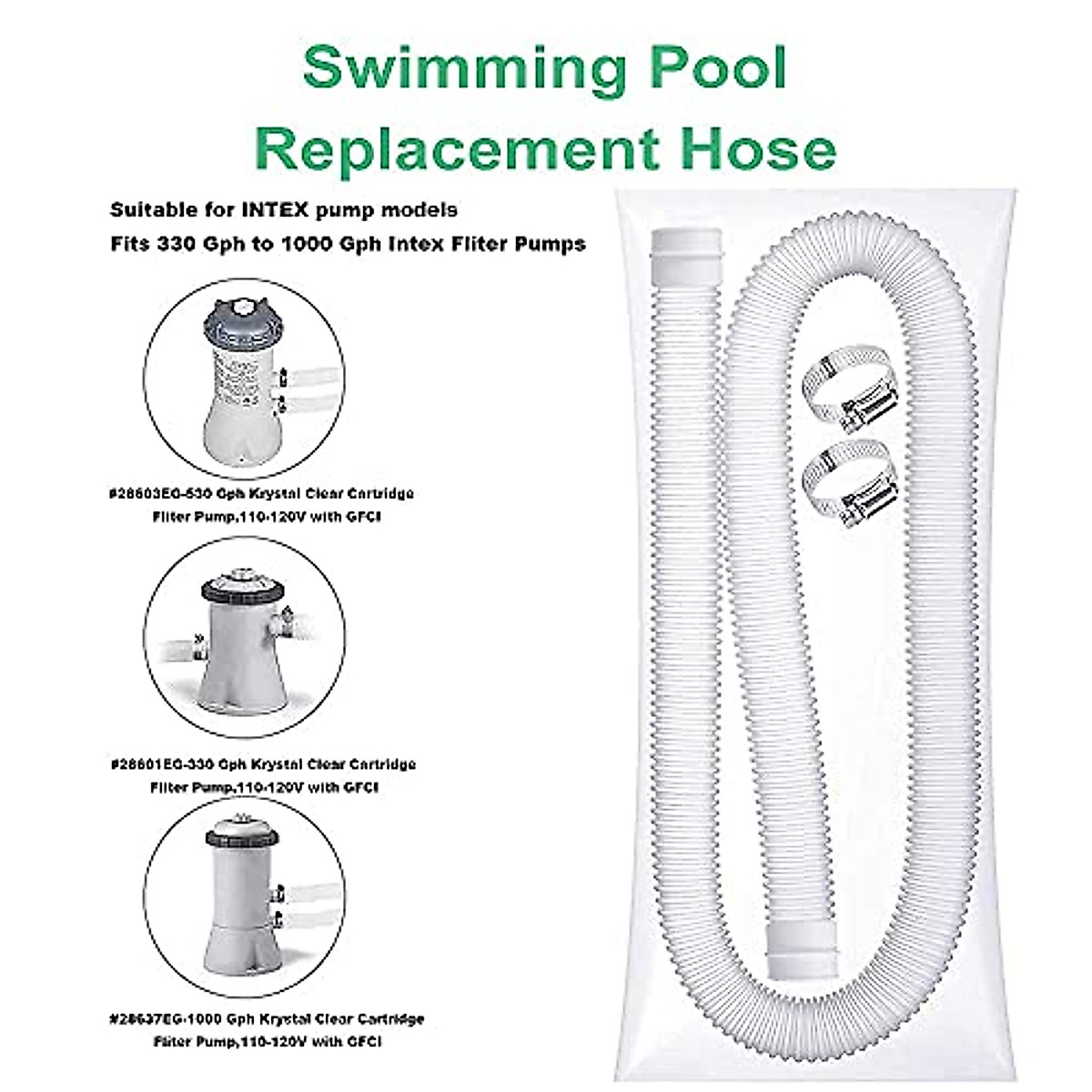 Swimming Pool Replacement Hoses,1.25in Diameter Pool Filter Pump Replacement Hoses(2pcs),Premium Quality Kinkproof PE, Compatible with Pump 330 GPH, 530 GPH, and 1000 GPH.(59”Length)