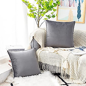 GAWAMAY Gray Throw Pillow Covers 16x16 Inch Soft Taupe Grey Velvet Pillow Cover with Chenille Edge, Winter Farmhouse Decorative Pillow Caces for Holiday Living Room Sofa Couch Beding (40x40cm)