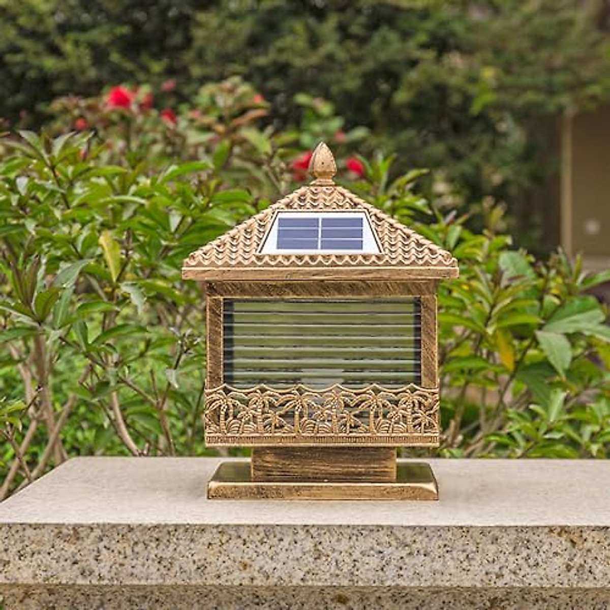 LED Outdoor Solar Post Light Square European Retro Waterproof Column Lights Square Remote Control 3-Color Dimming Pillar Lantern Acrylic Striped Lamp Shade Bronze Doorway Pole Light