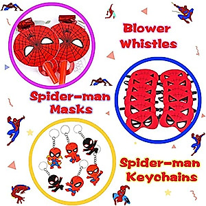 Andzerolief Spider Birthday Party Favors Supplies- (70 Pcs) Keychains, Stamps, Blower Whistles, Masks, Goodie Bags, Sticker Wall Climbers for Classroom Rewards Carnival Christmas Prizes Gifts for Kids Boys Girls - Serve 10 Guests