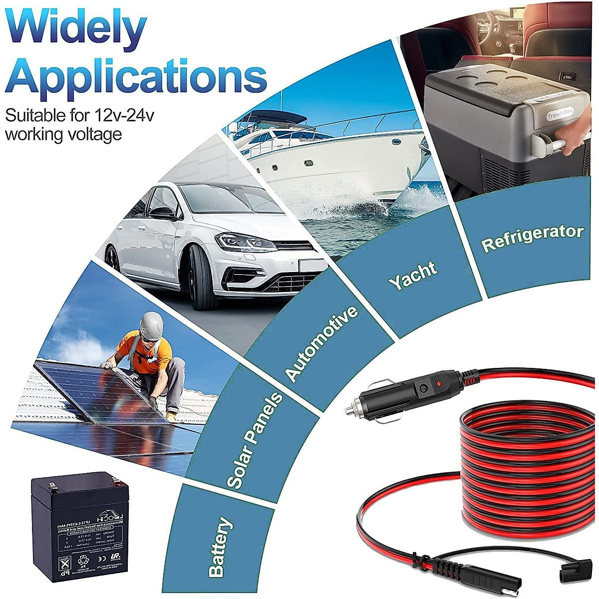 RWUJILONG 12V/24V Cigarette Lighter Plug to SAE Quick Release Adapter Extension Cable 10FT with SAE Reverse Polarity Adapter and 15A Spare Fuse