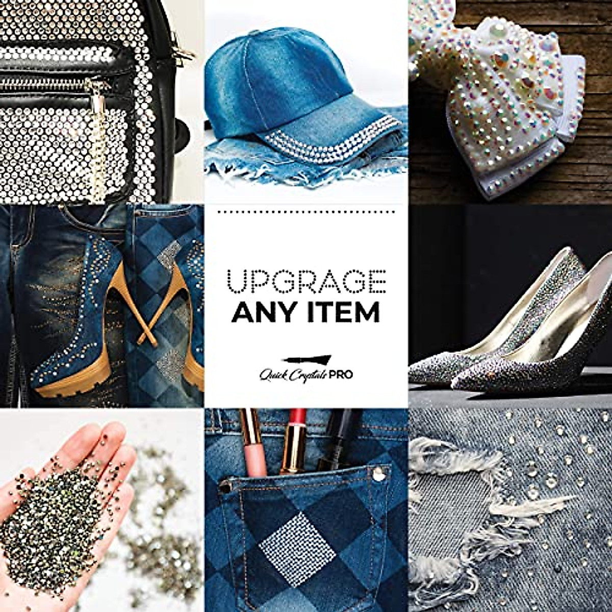 Quick Crystals Pro Hotfix Applicator, Bedazzler Kit with Rhinestones, DIY Wand Setter Tool Kit with 7 Different Tip Sizes, Tweezers, Cleaning Brush, User Manual, and 4400 Rhinestones.