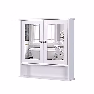 Bathroom Cabinet with 2 Mirror Doors Wall Mounted Medicine Cabinets Bathroom Shelves Over Toilet Adjustable Shelf for Laundry Room Kitchen Living Room with Open Shelf White Dresser with Mirror