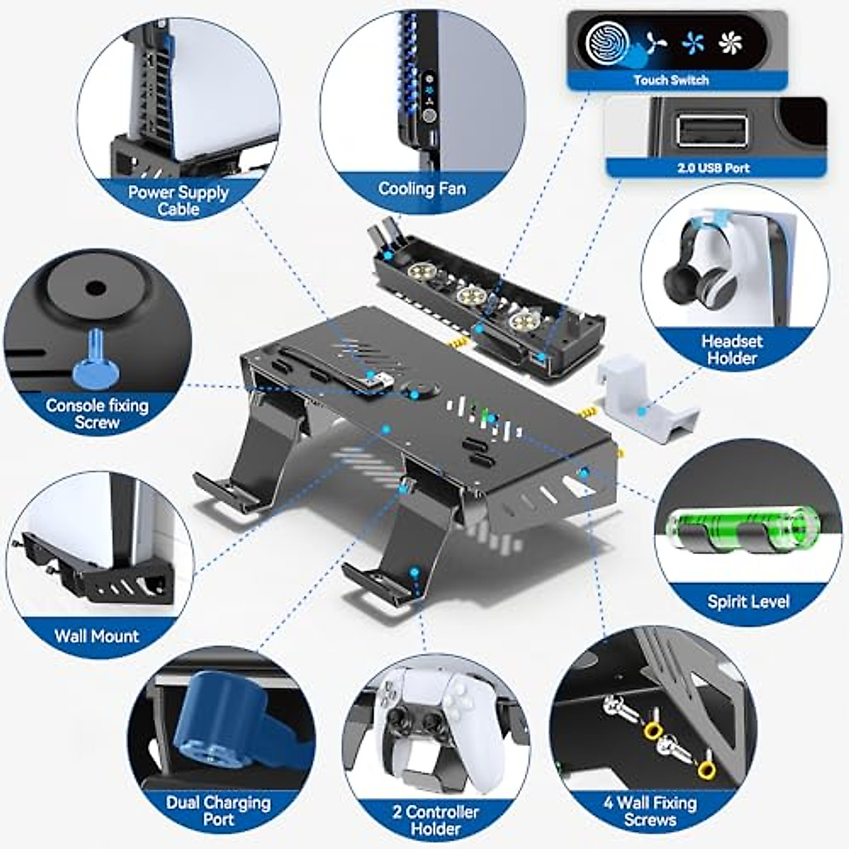 PS5 Wall Mount Kit with Charging and Cooling Fan, PS5 Floating Shelf Wall Mount Stand for PS5 Console, PS5 Controller Wall Mount Charger Accessories with PS5 Cooling Station,Headset Holder