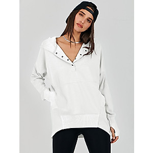 ANRABESS Women Casual Oversized Hoodies Sweatshirts Henley V Neck Hooded Pullover Sweater Tops 2024 Fall Outfits Clothes 1059benbai-M White