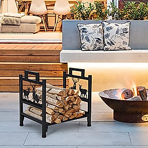 Outvita Firewood Log Rack, Small Iron Lumber Storage Holder, Wood Pile Stacker Organizer for Indoor Outdoor Fireplace Fire Stove Pit With Elk Christmas Elements Black