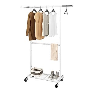 Simple Trending Standard Clothing Garment Rack, Rolling Clothes Organizer with Wheels and Bottom Shelves, Extendable, White