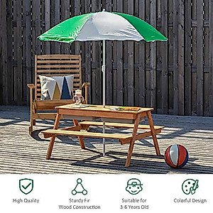 Outsunny Kids Picnic Table with Umbrella and Storage Inside, Sand and Water Table, Kids Outdoor Furniture, Wooden Bench Backyard Furniture for Garden, Patio, or Balcony