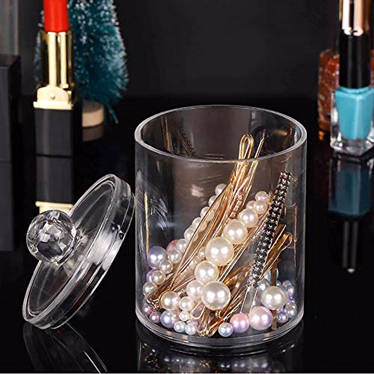 HZLHZYY 4 Pack Swab Holder Canisters with Lid Cotton Ball Pad Jars Clear Q-Tips Dispenser Holder Bathroom Storage Containers for Cotton Swabs, Q-Tips, Make Up Pads, Cosmetics, Floss Pick, Bath Salts