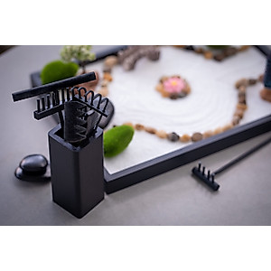 Zen Garden for Desk – 21pc. Japanese Zen Sand Garden Kit for Home, Office Desktop, Beautiful Gift, Therapy, Meditation Mini Decor Set– 11x8in. Large Sand Tray, Rocks, Black Rake Tools & Accessories