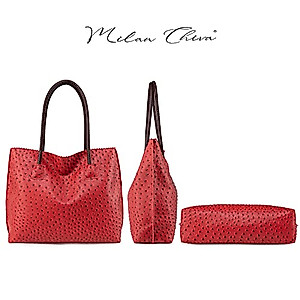 Milan Chiva Leather Tote Bag for Women with Zipper Large Ostrich Hobo Purse Shoulder Purses and Handbags, MC-1038RD