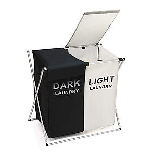 Double Laundry Hamper with Lid and Removable Laundry Bags, 125L Large Foldable Dirty Clothes Organizer Storage Bag with Handle and Aluminum Frame for Home Bathroom Dorm