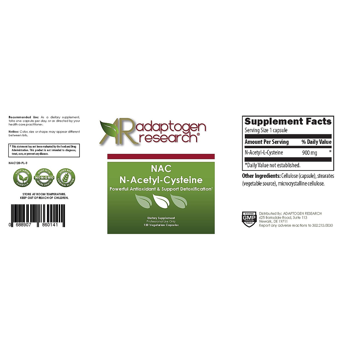 N-Acetyl-L-Cysteine 900mg | NAC Supplement | Powerful Antioxidant | Supports Detoxification | Non-GMO | 120 Vegetarian Capsules | Adaptogen Research