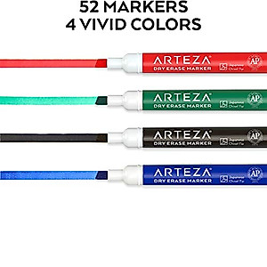 Arteza Dry Erase Markers, Bulk Pack of 52, Chisel Tip, 4 Assorted Colors with Low-Odor Ink, Whiteboard Markers, Back to School Supplies for Classroom, Office, or Home