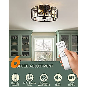 MIAOMEIO 13'' Low Profile Small Flush Mount Farmhouse Industrial Caged Ceiling Fan with Lights, 6 Speed Bladeless Black Ceiling Fan with Remote Control for Living Room, Bedroom, Kitchen (Black)