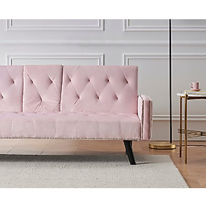Modern Velvet Tufted Upholstered Futon Sofabed Living Room Loveseat Convertible Sleeper Couch Bed with Nailhead Decor and Drop-Down Cupholdes for Home Office Apartment