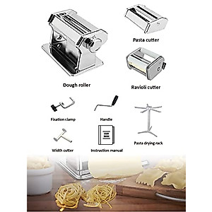 MZTOGR Pasta Maker Machine, Set of 6 Piece 150mm Steel Noodle Maker Machine with 9 Adjustable Thickness Settings, Includes Ravioli Maker Attachment, Pasta Drying Rack (MZ-150PR)