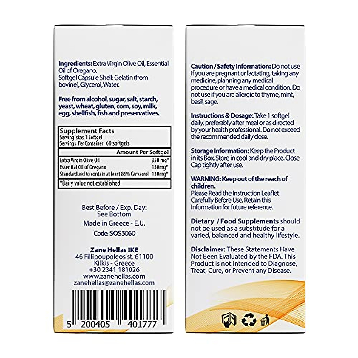130 mg Carvacrol - 150 mg Oregano Oil per Softgel. World Highest Concentration Oregano Oil Capsule. Zane Hellas Oregano Oil. Softgel Contains 30% Greek Essential Oil of Oregano. 60 Softgels.