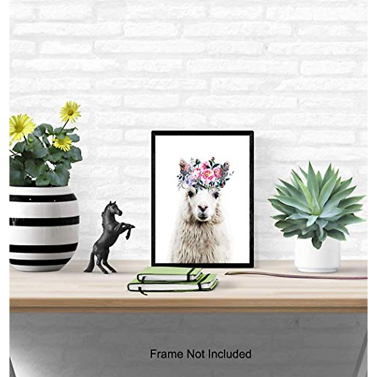 Baby Llama Wall Decor - Flower Crown Alpaca Wall Art Decoration for Girls Bedroom, Kids Room, Nursery - Cute Gift - Boho Shabby Chic Picture - 8x10 UNFRAMED Photo Poster