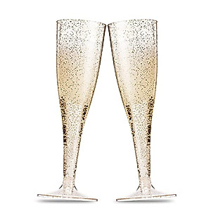 50 Plastic Champagne Flutes - Disposable Champagne Flute - Gold Glitter Plastic Champagne Glasses for Parties, Mimosa Bar, Events, Wedding and Shower Party Supplies - Toasting Cocktail Cups