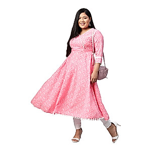Yash Gallery Women's Plus Size Cotton Floral Print Anarkali Kurta (Light Pink)