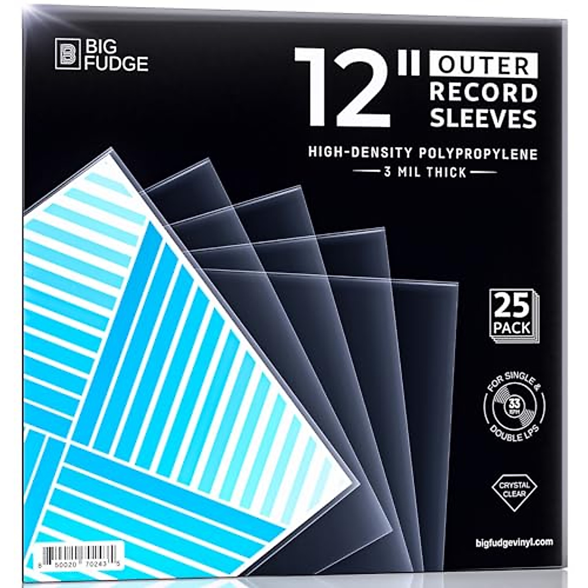 BIG FUDGE 25x Vinyl Record Outer Sleeves 12" LP | Durable & Wrinkle-Free | Crystal Clear & Made from High-Density Polypropylene | 3 mil Thick, 12.75” x 12.75” | Fits Most Gatefolds and Double LPs
