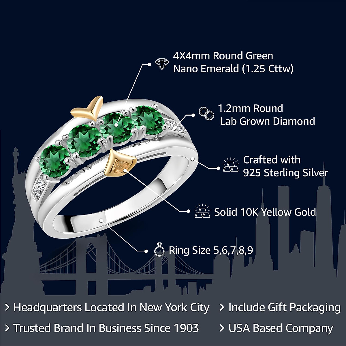 Gem Stone King 4-Stone Gemstone Birthstone and Lab Grown Diamond Wedding Band Ring For Women | 925 Silver and 10K Yellow Gold | Available In Size 5, 6, 7, 8, 9