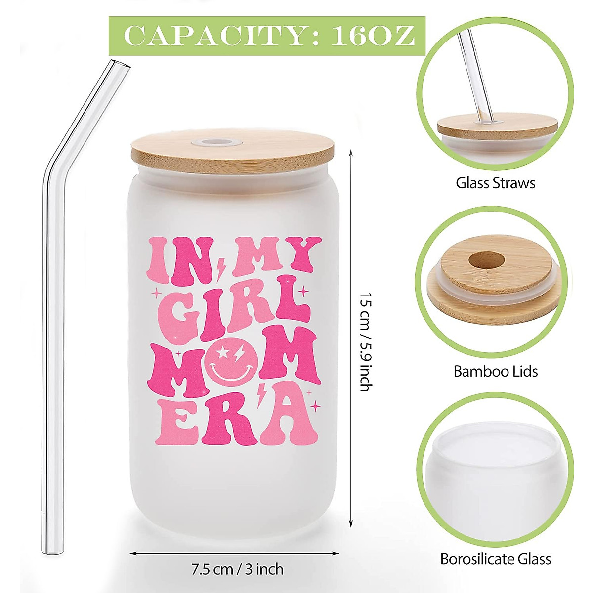 OWSUMER Girl Mom Gifts,New Mom Gifts,Gifts for New Mom,In My Girl Mom Era Glass Cup,Baby Shower Gifts for Mom,New Mom Gifts After Birth,Cool gifts for New Moms-16oz Coffee Glass Cups with Lids Straws