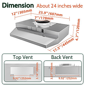 FIREGAS 24 inch Range Hood Under Cabinet, 300CFM Ducted/Ductless Convertible Kithen Hood in Stainless Steel with 2 watt LED Light and Filter, 2 fan speeds, hassle-free installation
