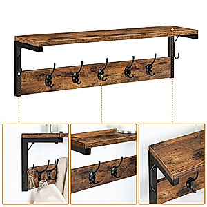 HOOBRO Wall Hooks with Shelf, Wall-Mounted Coat Rack, Wall Shelf with 7 Hooks, Hanging Shelf, Coat Hooks for Clothes, Hats, Bags, Entryway, Kitchen, Bathroom, Industrial Style BF16YM01