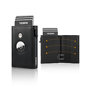 YESIIW Airtag Wallet for Men, RFID Blocking Wallet, Trifold Leather Wallets Magnetic Closure, Men's Minimalist Aluminum Credit Card Holder Pop up Wallet Gift-Black No Airtag